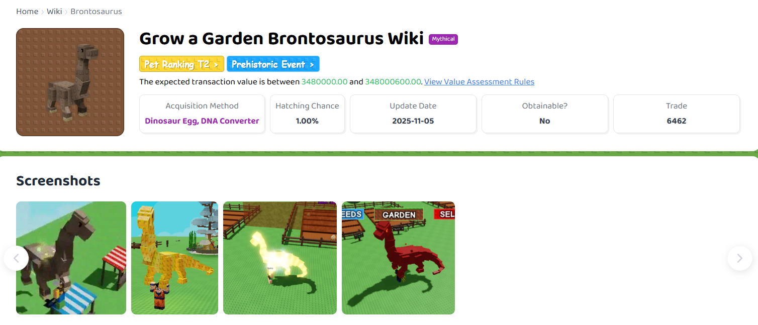Brontosaurus Value in Grow a Garden: How Much Is It Worth