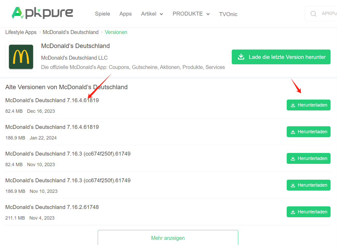 Wie ist der Download einer älteren Version von McDonald’s Deutschland ...